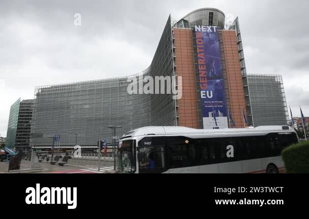 BRUSSELS, Belgium -july 1s, 2020: European flags in the wind in front ...