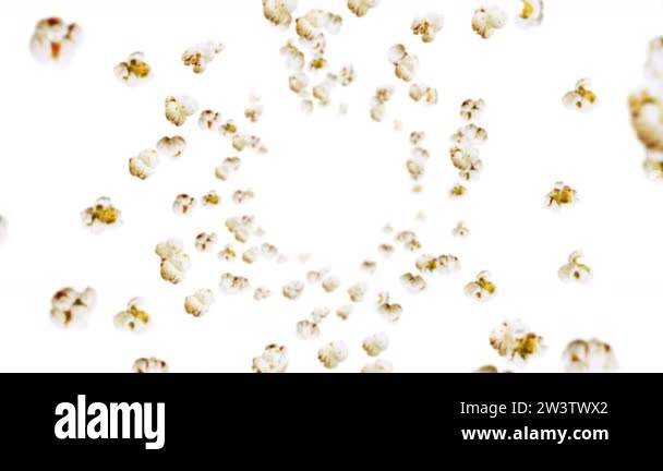 Flying many popcorns on white background. White salty popcorn. Healthy ...