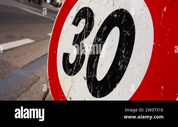 Speed limit sign against bicycle parking lot in downtown Stock Video ...