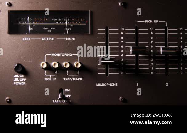 Retro Audio Mixing console with VU meters for audio channels.Filmed in ...