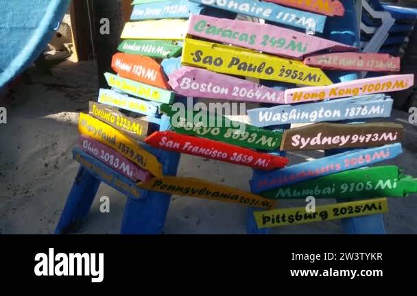 Tilt up to signs from places around the world with miles aways from ...