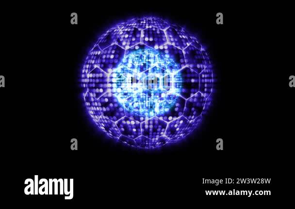 quantum futuristic computer animation abstract violet sphere ball and light blue core ...