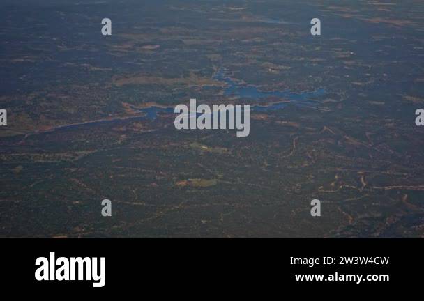 4K, Aerial view of the spanish lake. Water reservoir and green fields ...