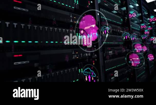 Servers room with symbols of modern technology, 5G, business ... Servers room with symbols of modern technology, 5G, business ...