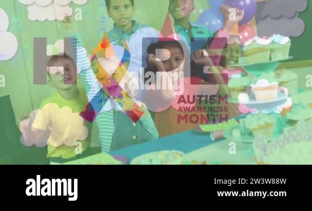 Animation of hope autism awareness month text and ribbon formed with ...