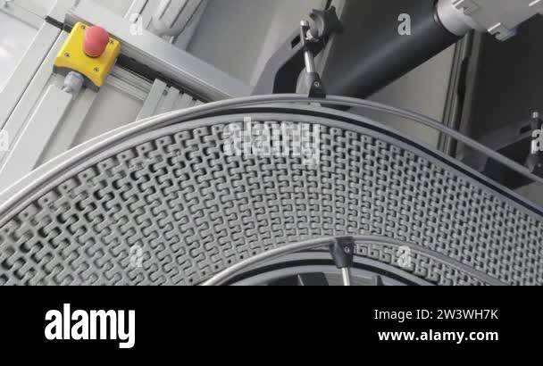 Curved Conveyor Belt Production With Emergency Stop Button Stock Video ...