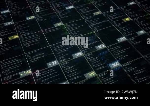 Computer codes in cells with numbers on black background. Animation. Lot of changing data in ...