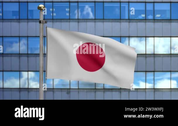 3D illustration Japanese flag waving in a modern skyscraper city ...