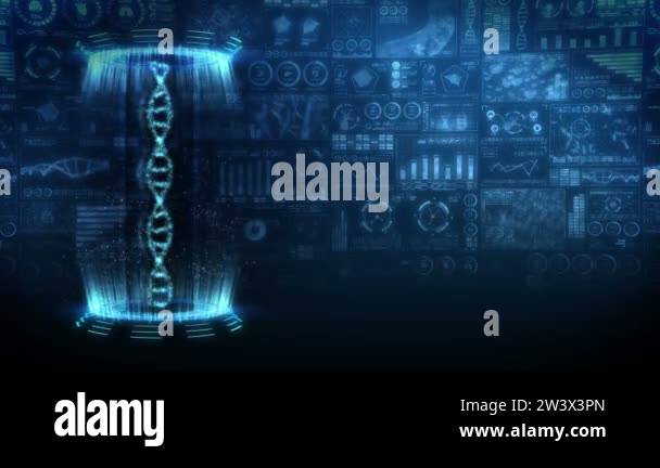 DNA helix molecule loop animation. DNA chromosome concept. Hologram elements of digital data ...