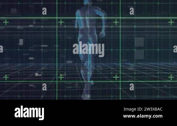 Animation of person running and flickering data processing with grid ...