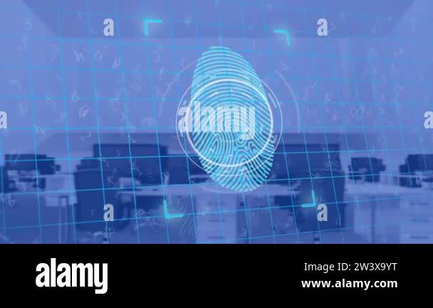 Animation of biometric fingerprint with scope scanning over empty office. digital interface ...
