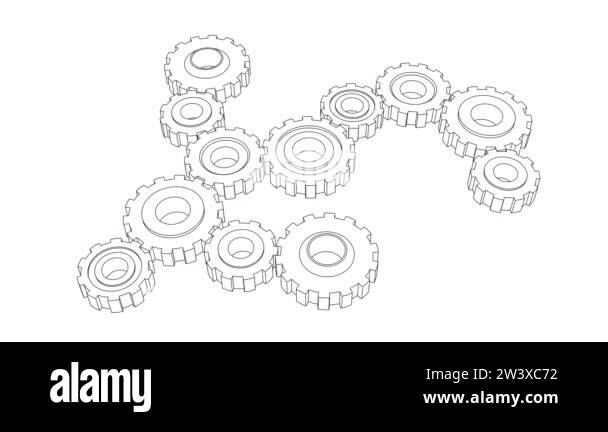 3d render. 4k loop animation. Blueprint gears turning. Some slowly ...