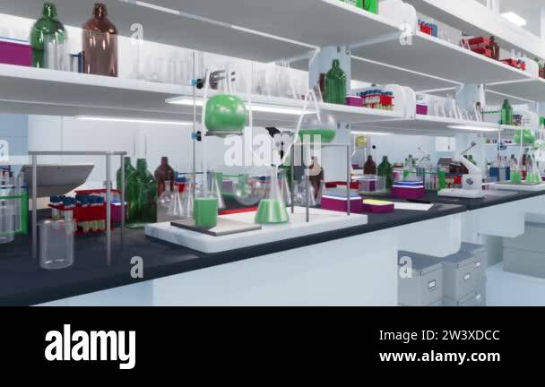 Empty interior of scientific research lab with glass beakers, flasks ...