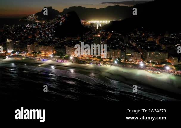 Nightlife view of Copacabana beach, Rio de Janeiro, Brazil. Night view ...