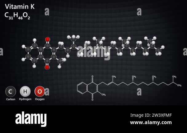 Chemical structure of Vitamin K (Phylloquinone). Formula: C31H46O2. 3D ...