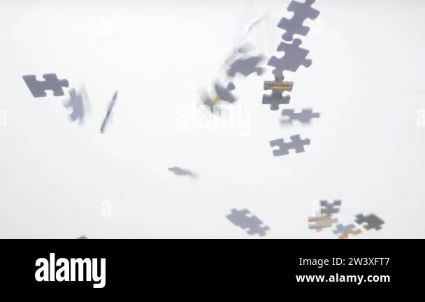 Puzzle pieces falling down. Glass transparent background. Pieces of ...