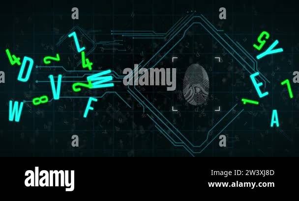 Animation of biometric fingerprint, letters and numbers changing, scope scanning and data ...