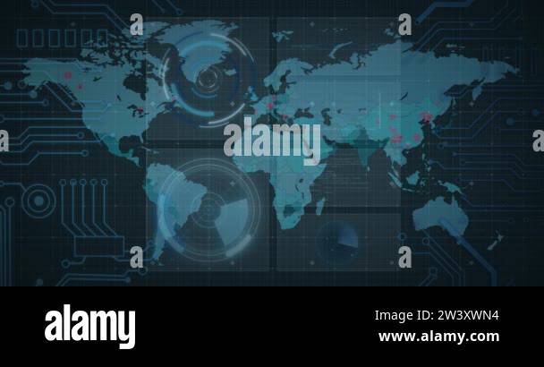 Animation of scopes scanning on screens with location points over world ...