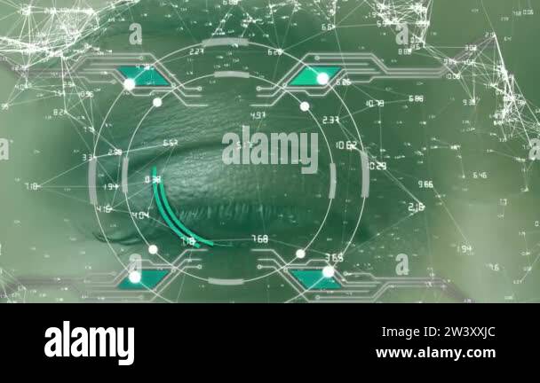 Animation of scope scanning and network of connections over woman's eye. digital interface ...
