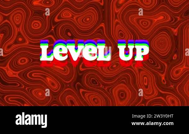 Digital animation of level up text against red moving topography ...