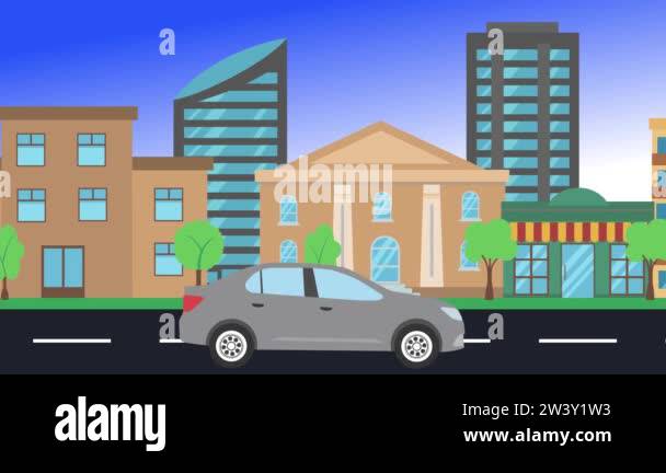 car driving rides around city side view, loop animation, flat design ...