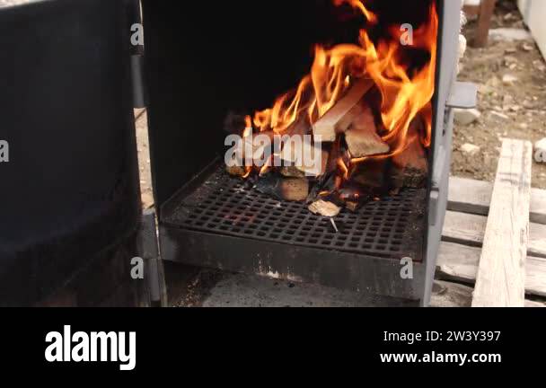 smokehouse fireplaces with burning fire. 4K video.smokehouse fireplaces ...