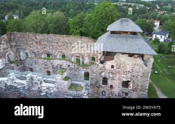 Medieval Castle Ruins in Latvia Rauna. Aerial View Over Old Stoune ...