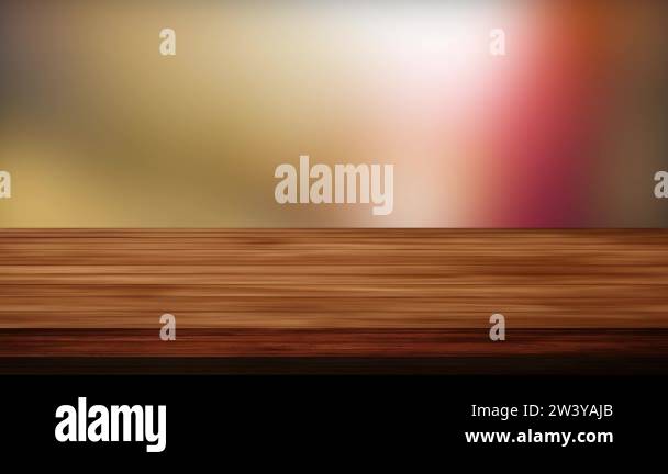 Empty wooden board table in front of light brown and maroon background ...
