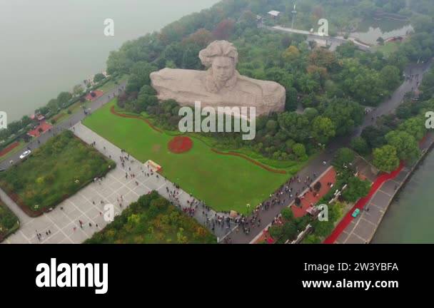 cloudy day changsha city famous river island park monument aerial ...