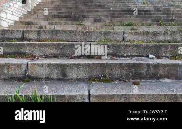 Walking Up On Concrete Stairs. Old abandoned soviet buiding Linnahall ...