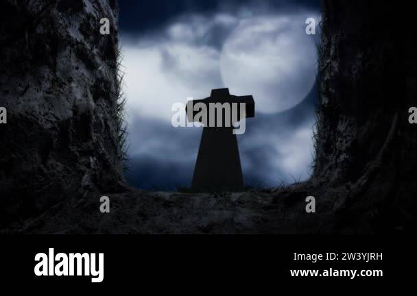 Inside Grave View of Headstone and Full Moon 4K Loop features a view ...