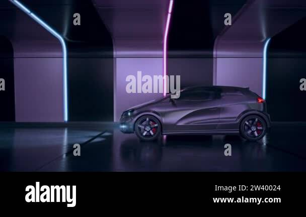Electric car in a futuristic tunnel.Hatchback sports car. Side view.4K ...