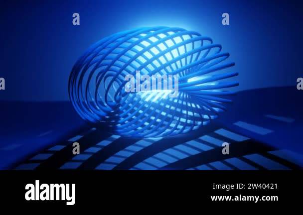 Blue torus in wireframe design on dark blue background with light ...