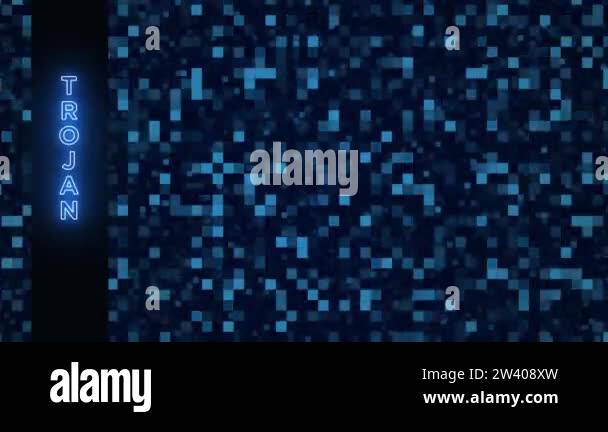 Trojan Text Scrolling Vertically on Light Blue Digital Abstract Display Board Pixel. Seamless ...