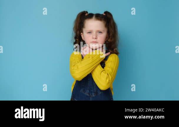 Unhealthy little girl child touch neck feels discomfort painful ...
