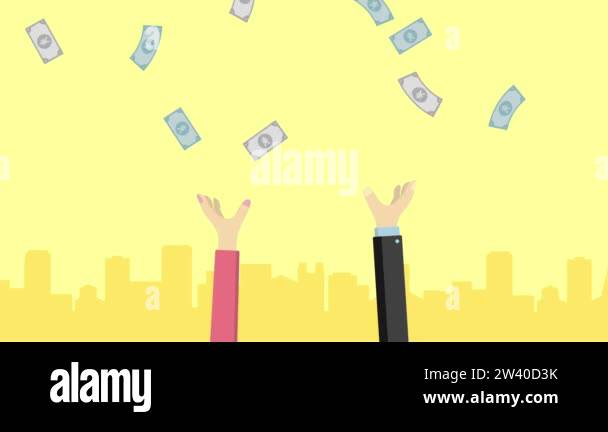 Cartoon 4K animation of falling money and hands of people trying to ...
