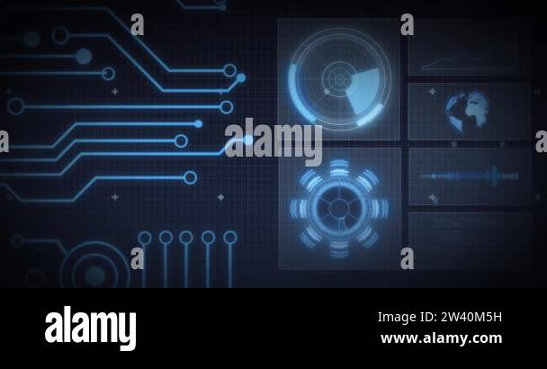 Animation of scope scanning, processor elements and data processing on screens over grid ...