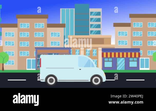 car driving rides around city side view, loop animation, flat design ...