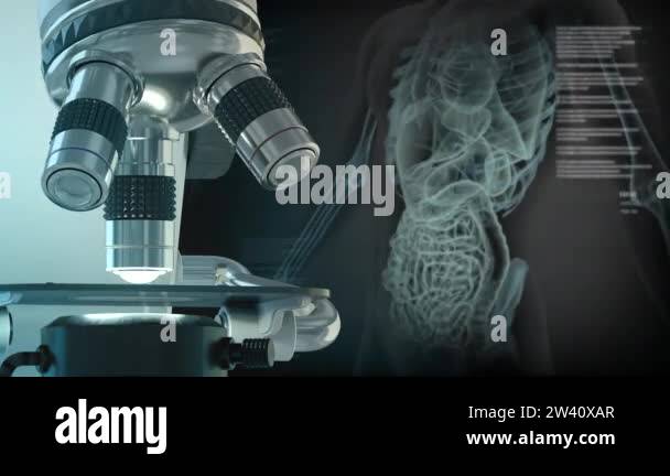 Healthcare concept with scientific microscope on creative grey ...