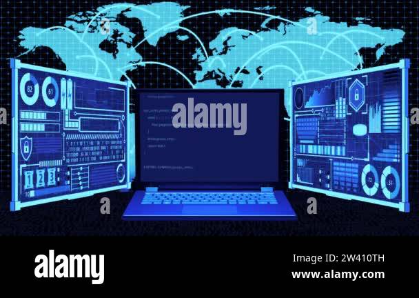 3D Rendering Laptop with Coding on screen and Futuristic HUD on World map connection background ...