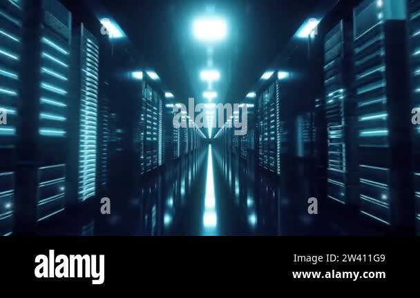 Server Racks In a Modern Data Center. Camera Fast Moving Forward. Cloud ...
