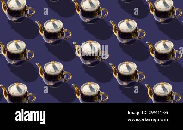 Background from large group of old teapots. Stop motion animation ...
