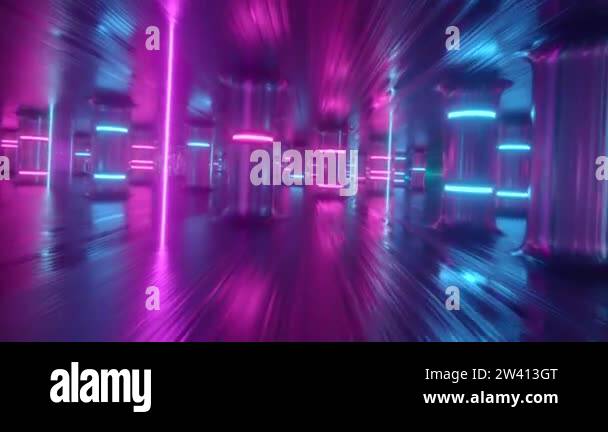 Fly through a futuristic corridor along neon glass pillars and columns. Modern ultraviolet neon ...