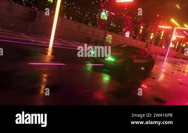 Car and city in neon cyberpunk style. 80s retrowave background 3d ...