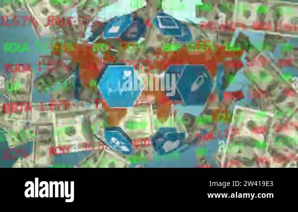 Animation of a globe made of blue medical icons spinning with American dollar bills falling over ...