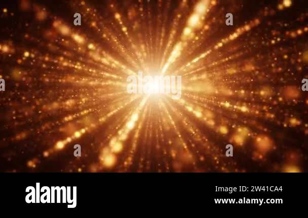 Gold lights sparkles. Glowing light explodes. 4k Festive golden motion ...