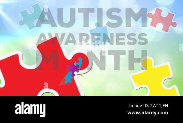 Animation of autism awareness month text with puzzles forming ribbon on ...