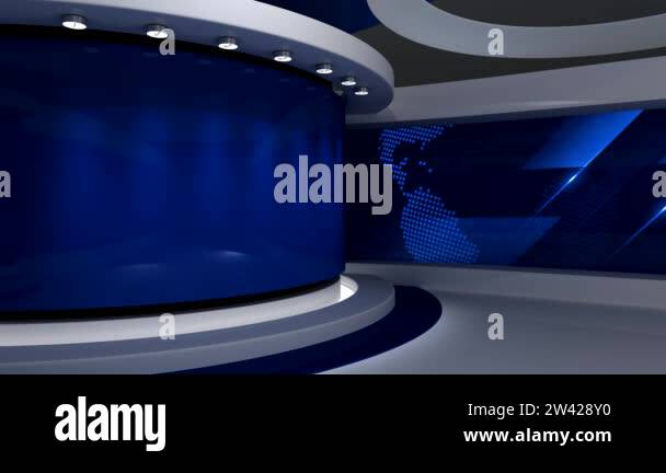 Tv studio. Blue studio. Blue background. News studio. Screen on wall ...