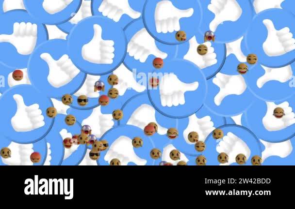 Animation of floating digital emoji icons over icons of thumbs up on ...