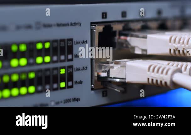 Male Hand Insert Red Cable on Network Switch in Data Center. 4K UHD ...